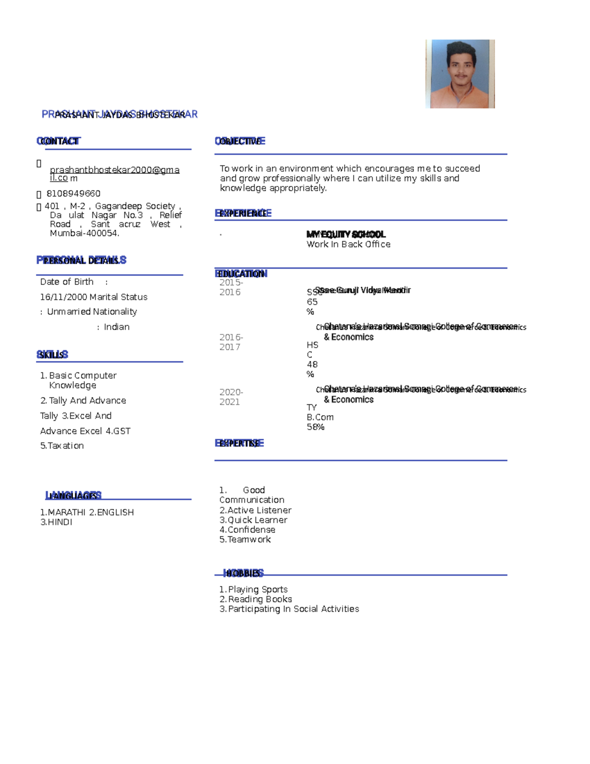 Prashant CV - NISM - PRASHANT JAYDAS BHOSTEKAR CONTACT OBJECTIVE ...