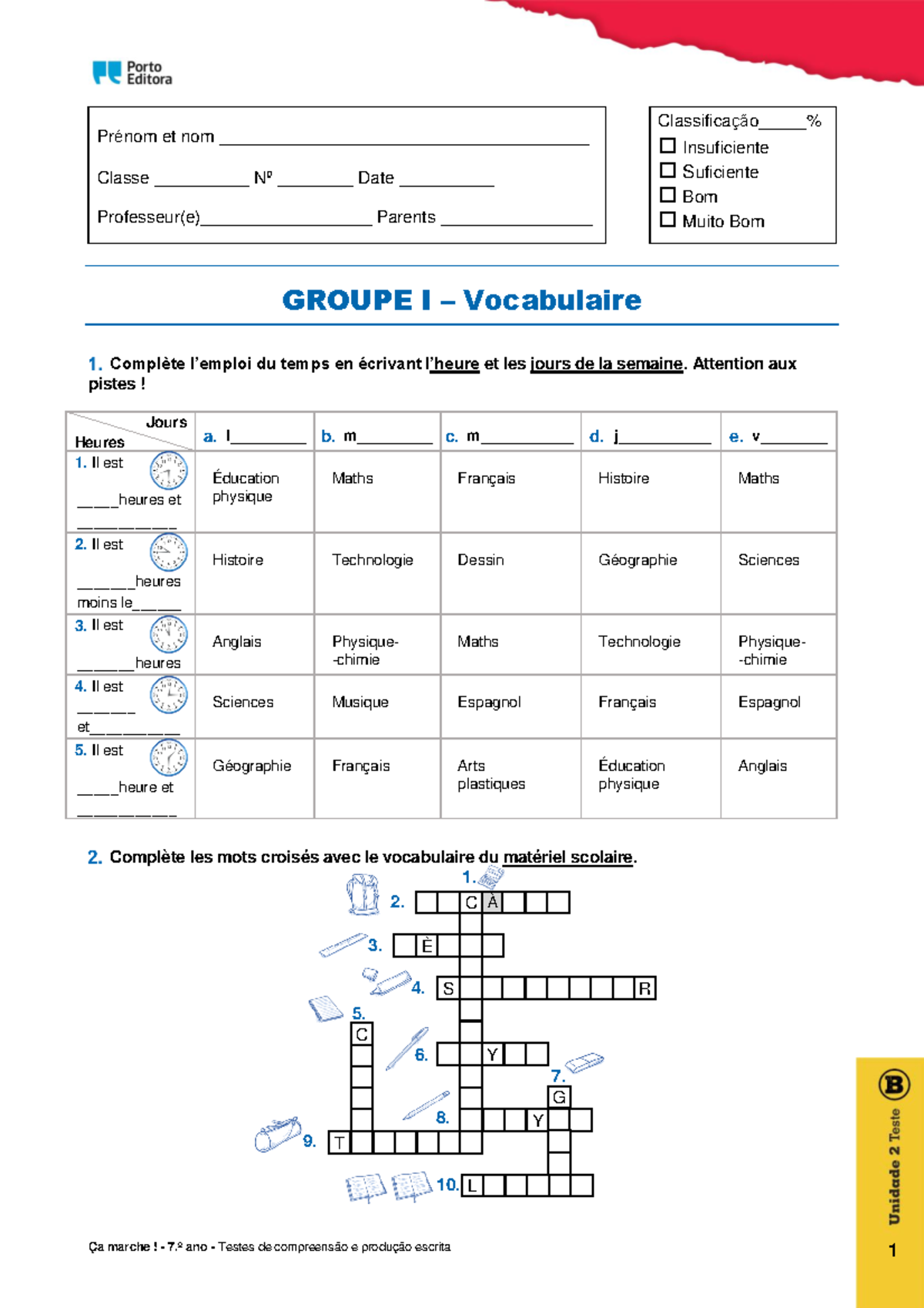 Teste Francês - Ça marche! - 7.º ano - Testes de compreensão e produção ...
