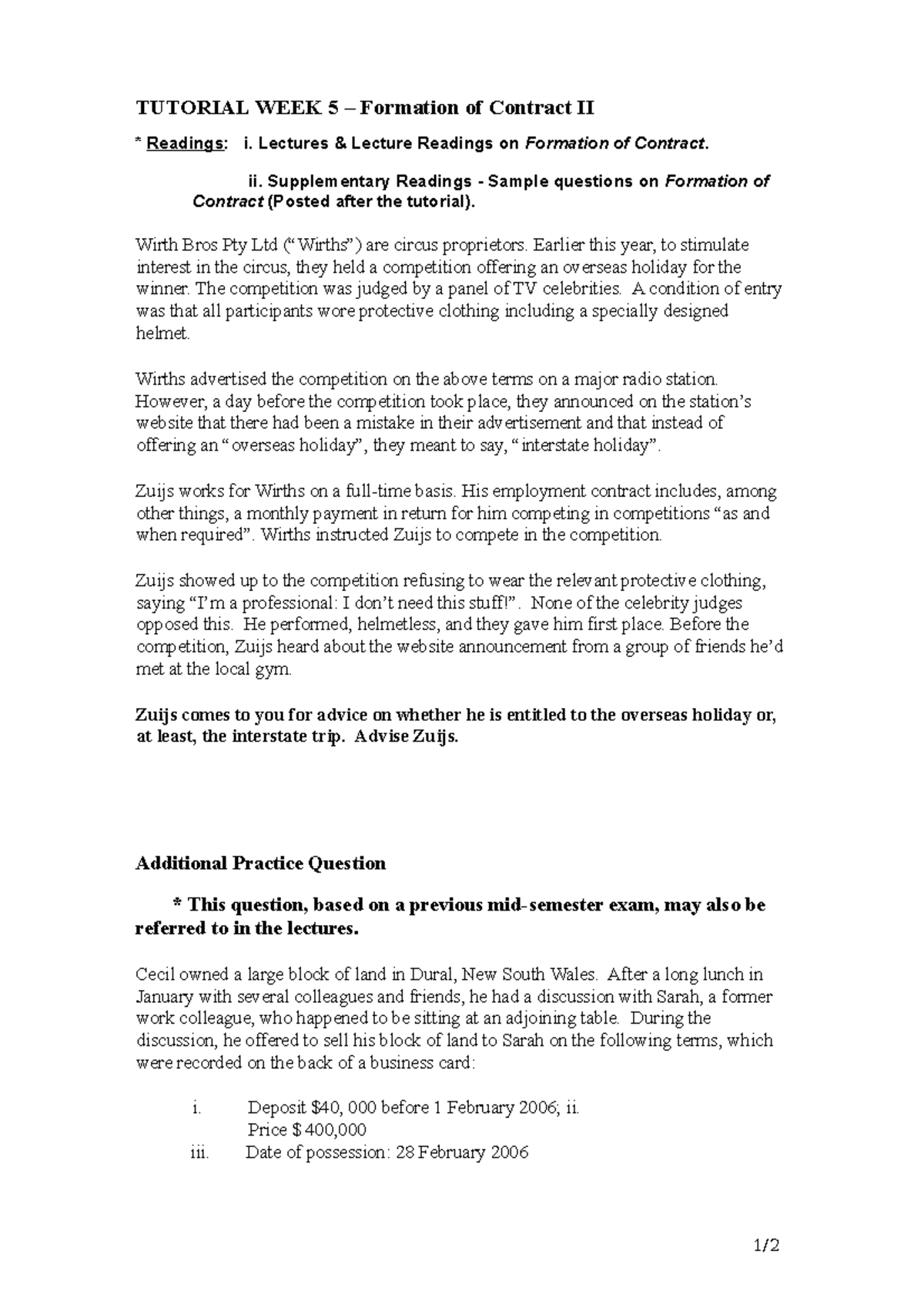 Week 5 Tutorial 4 - Formation of Contract II - TUTORIAL WEEK 5 ...