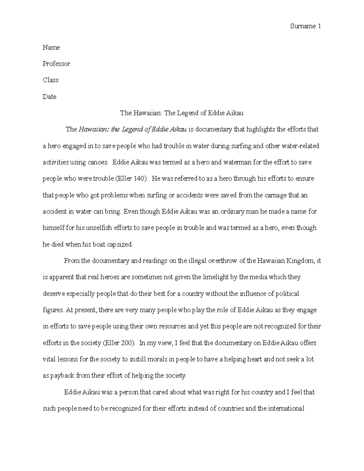 The Hawaiian-The Legend of Eddie Aikau-Revised - Surname 1 Name ...