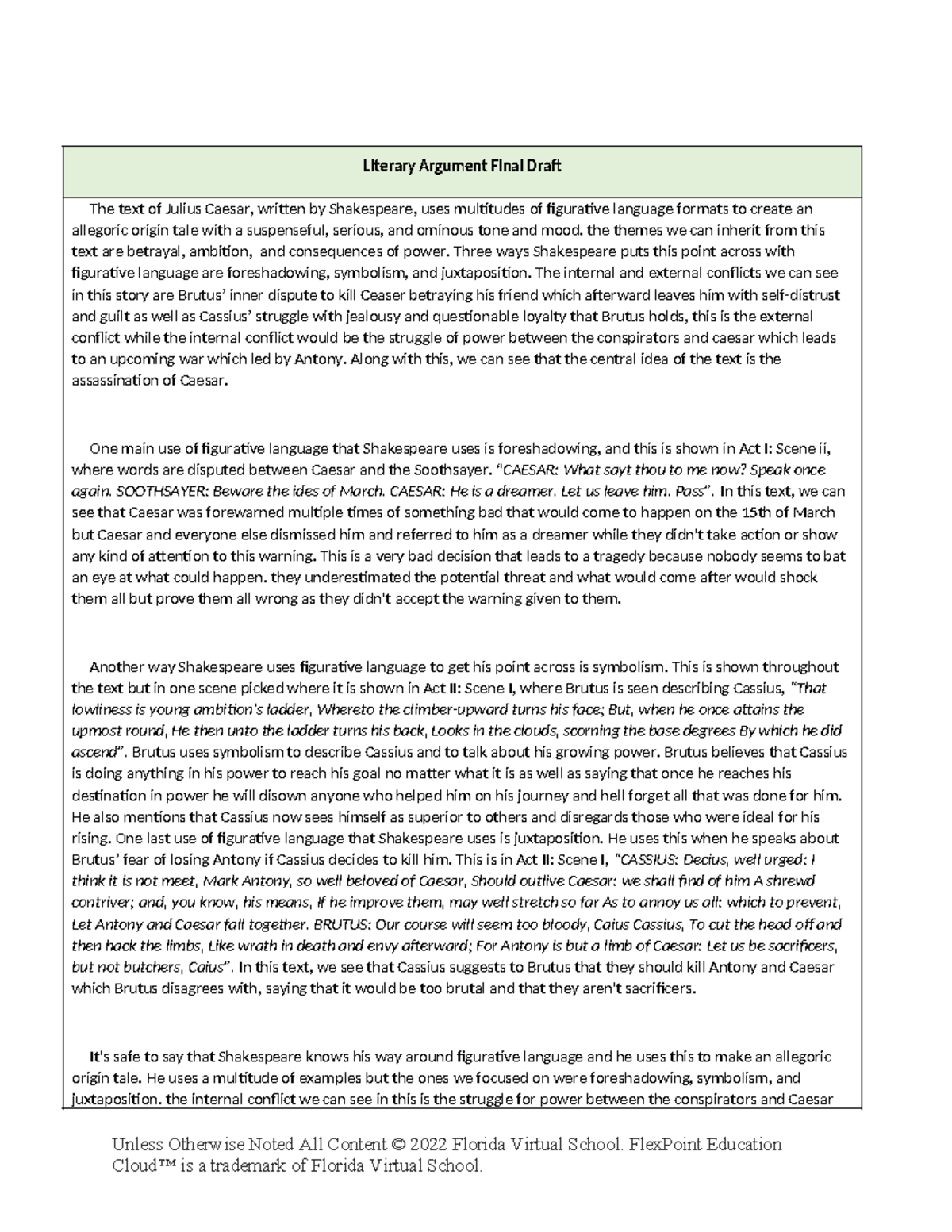 Finishing strong assess rubric - Literary Argument Final Draft The text ...