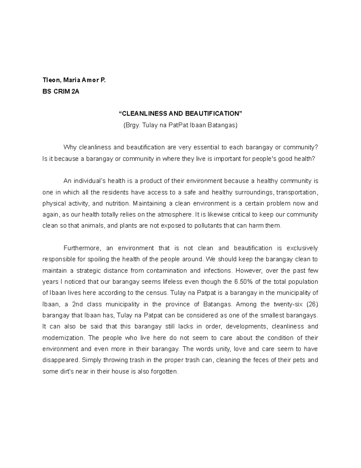 Cleanliness-AND- Beautification - Tleon, Maria Amor P. BS CRIM 2A ...