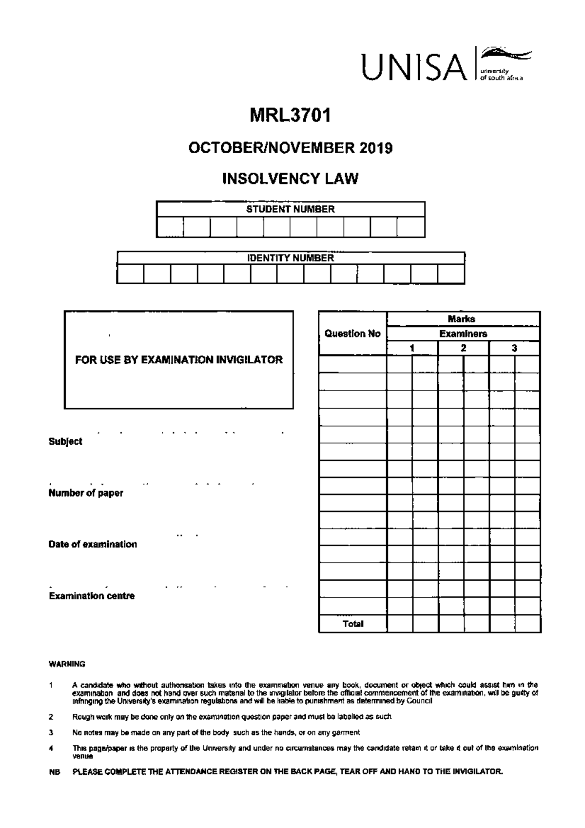 MRL3701 2019 10 E 1 - Exam paper - MRL 3701 - Studocu