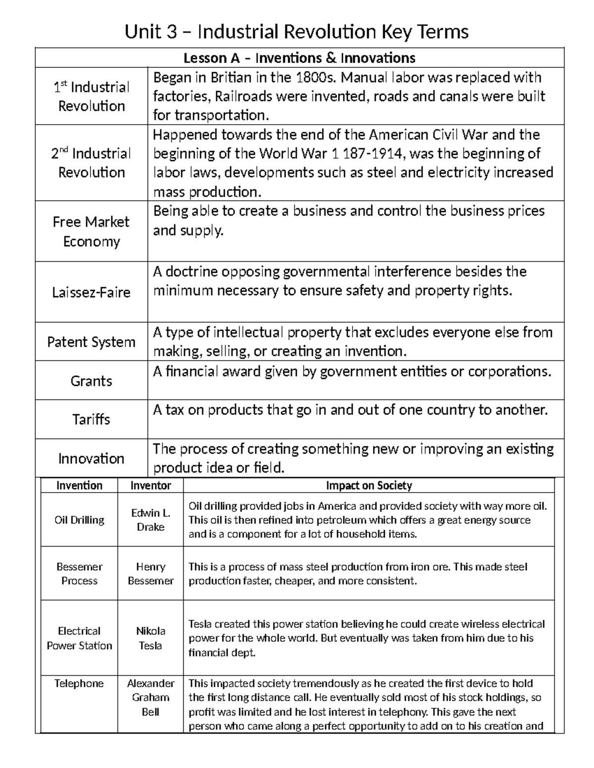 Unit 3 review - Unit 3 – Industrial Revolution Key Terms Lesson A ...