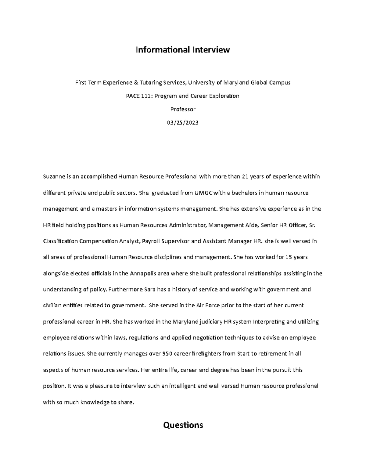 Informational Interview - Informational Interview First Term Experience ...