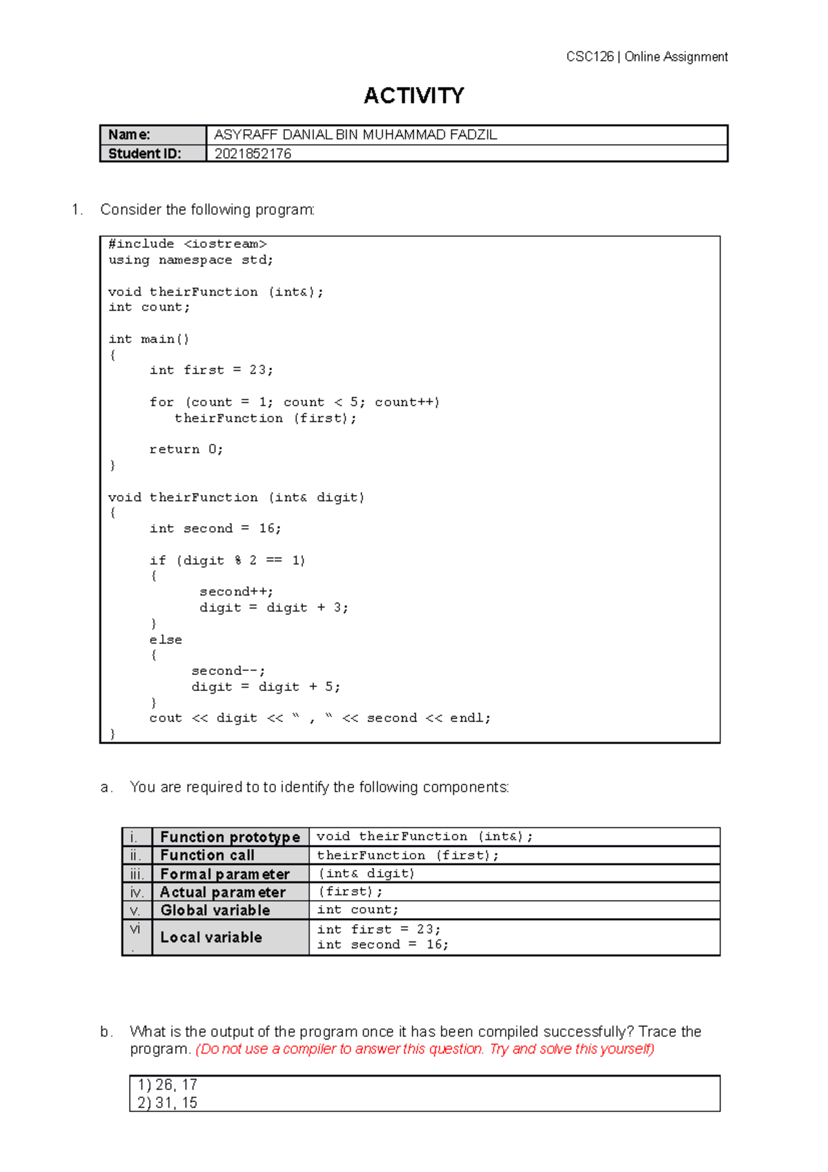 Activity Chapter 5 - ii - csc 129 - ACTIVITY Name: ASYRAFF DANIAL BIN ...
