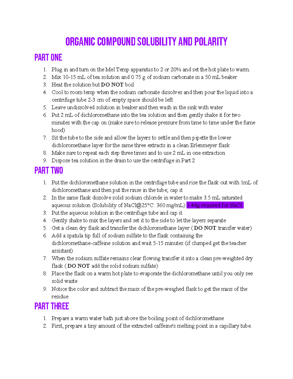 Pre Lab Plan #3 - Solubility and polarity in organic compund - Organic ...