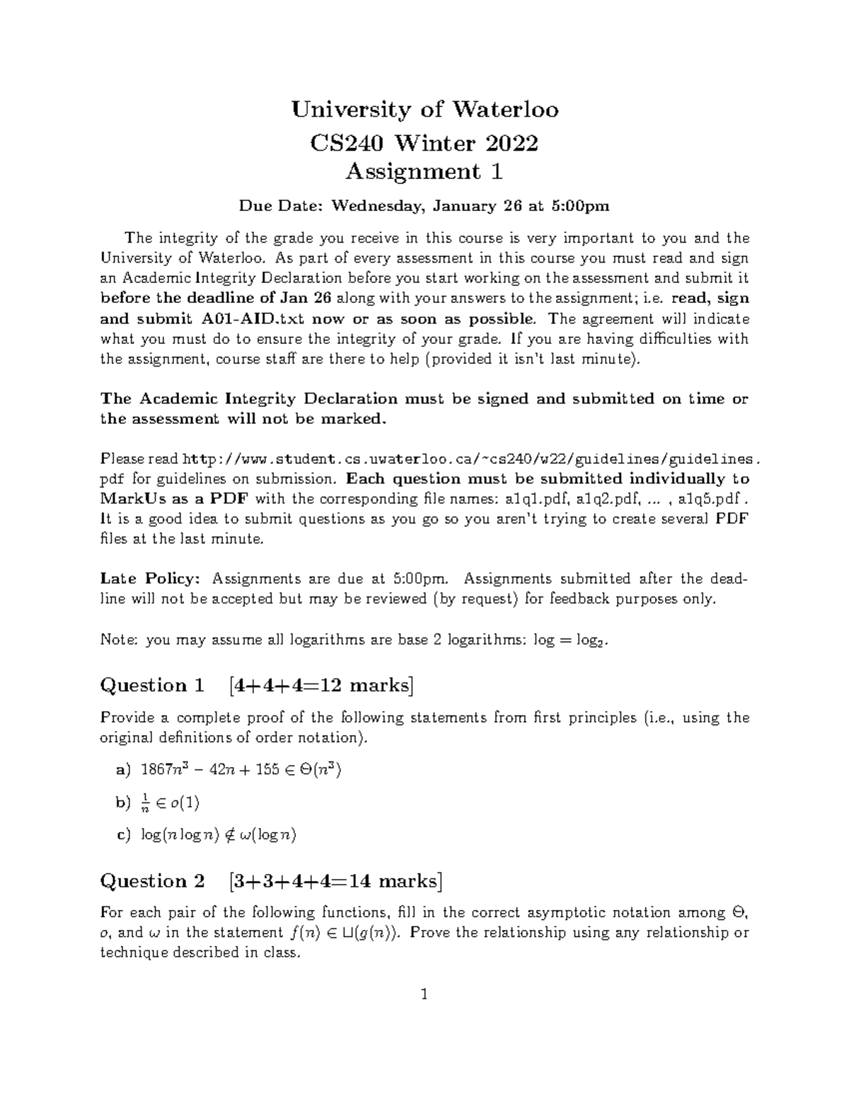 CS240 Assignment 1 - Cs 240 - UWaterloo - Studocu