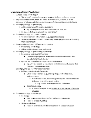 Chapter 1 (Social Psych) - Introducing Social Psychology What is social ...