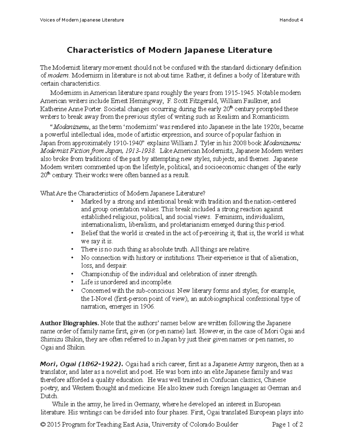 Literature-handout 4 - Grade: B+ - Voices of Modern Japanese Literature ...