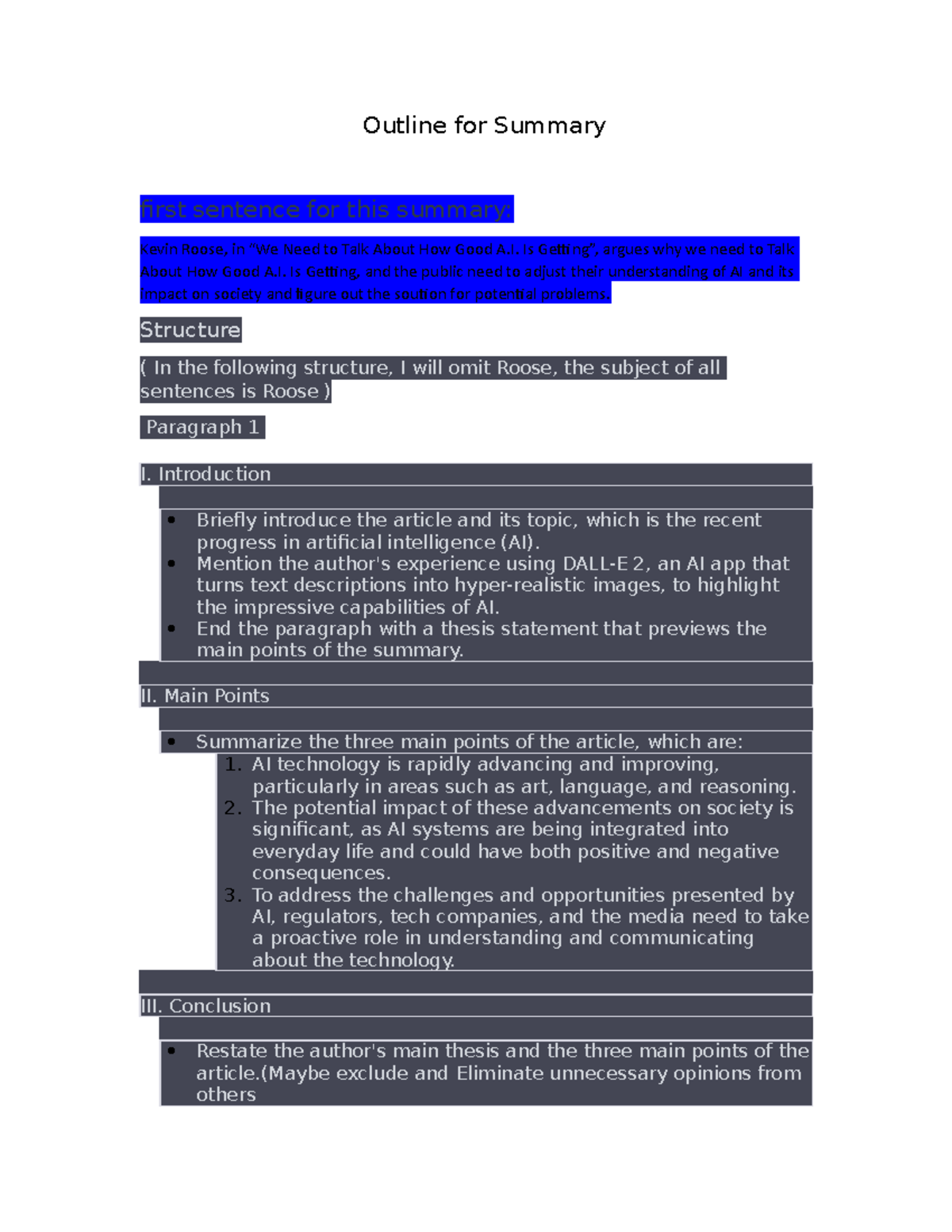 Outline for summary - good - Outline for Summary first sentence for ...