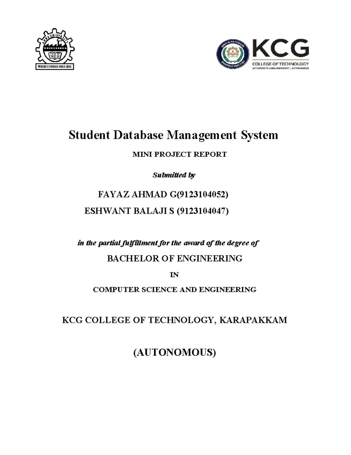 DBMS Mini Project 10 & 35 - Student Database Management System ####### MINI PROJECT REPORT ...
