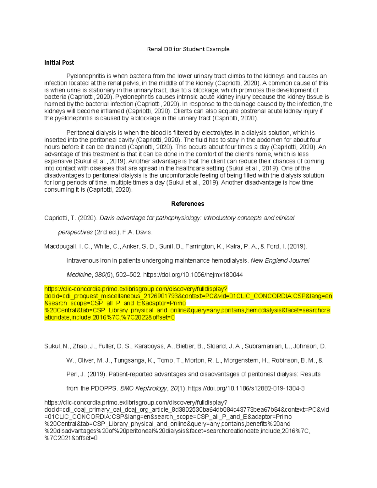 DB Example - Renal DB for Student Example Initial Post Pyelonephritis ...