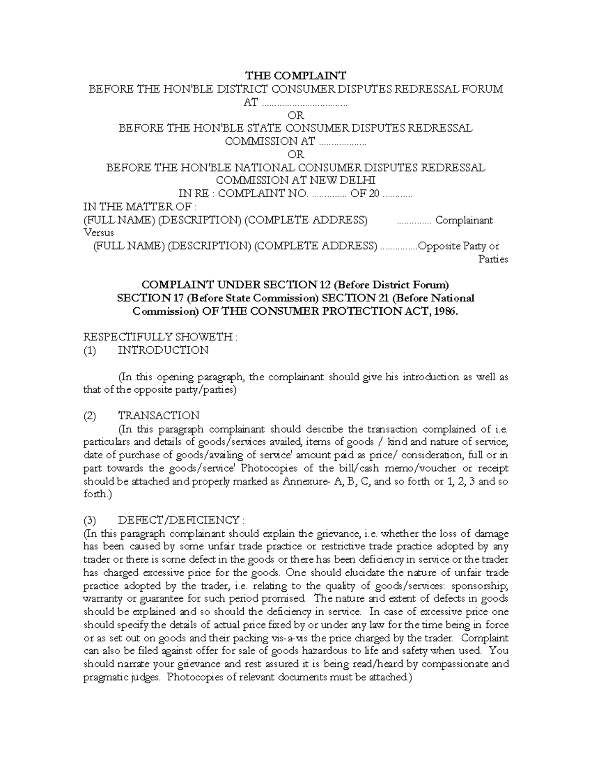 Profarma of Complaint us12 (1) CPA - THE COMPLAINT BEFORE THE HON'BLE ...