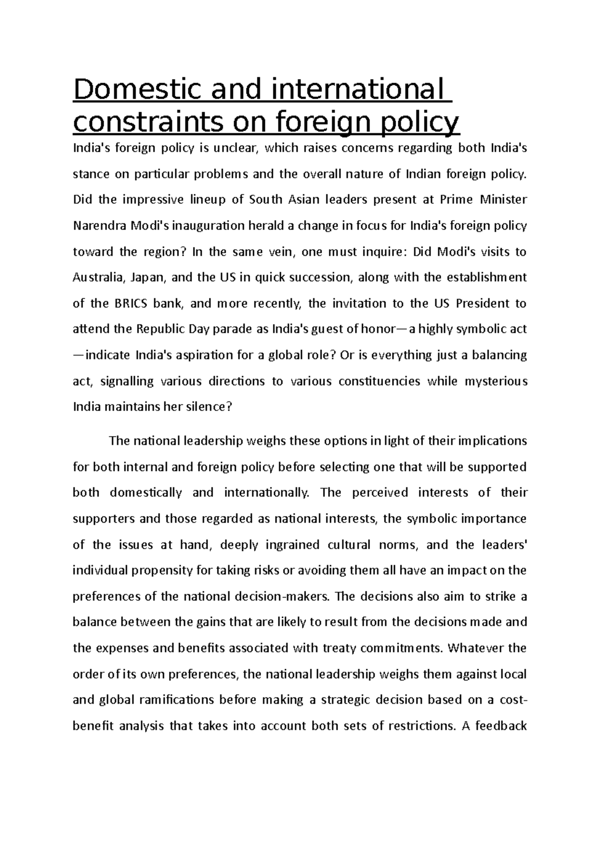 Domestic And International Constraints On Foreign Policy Domestic And International