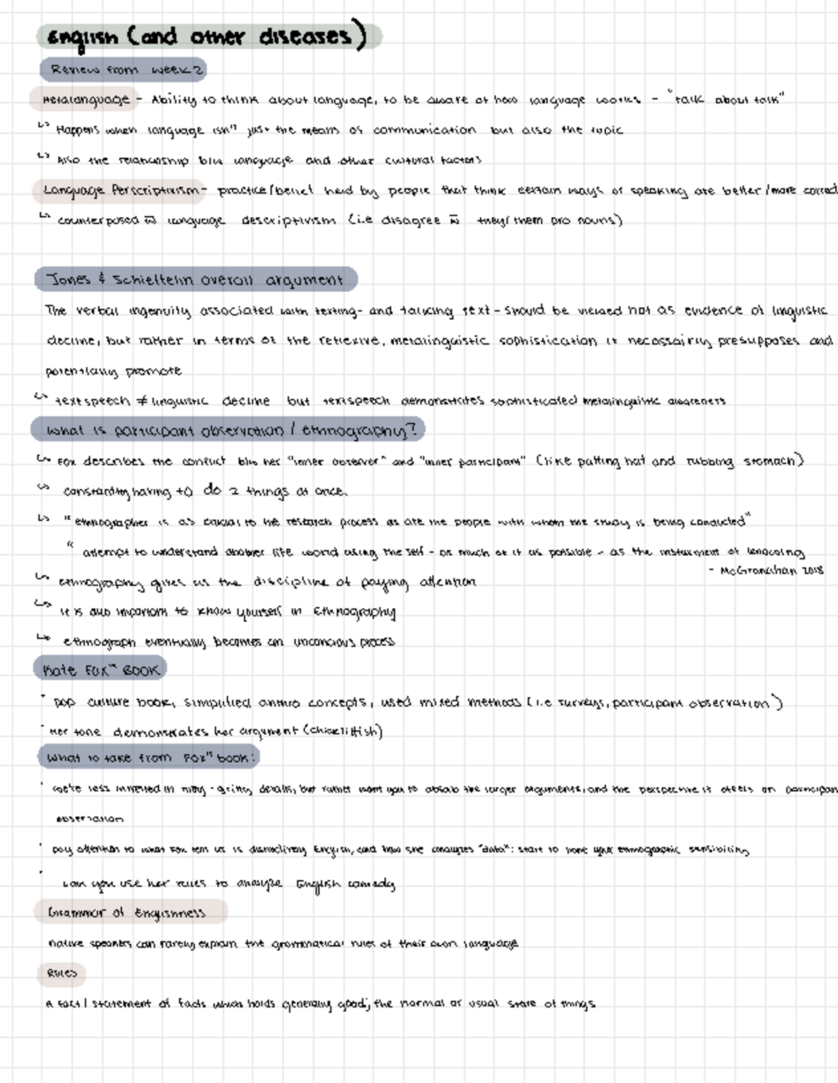 Lec 3, Week 3 notes - English (and other diseases) Review from week 2 ...