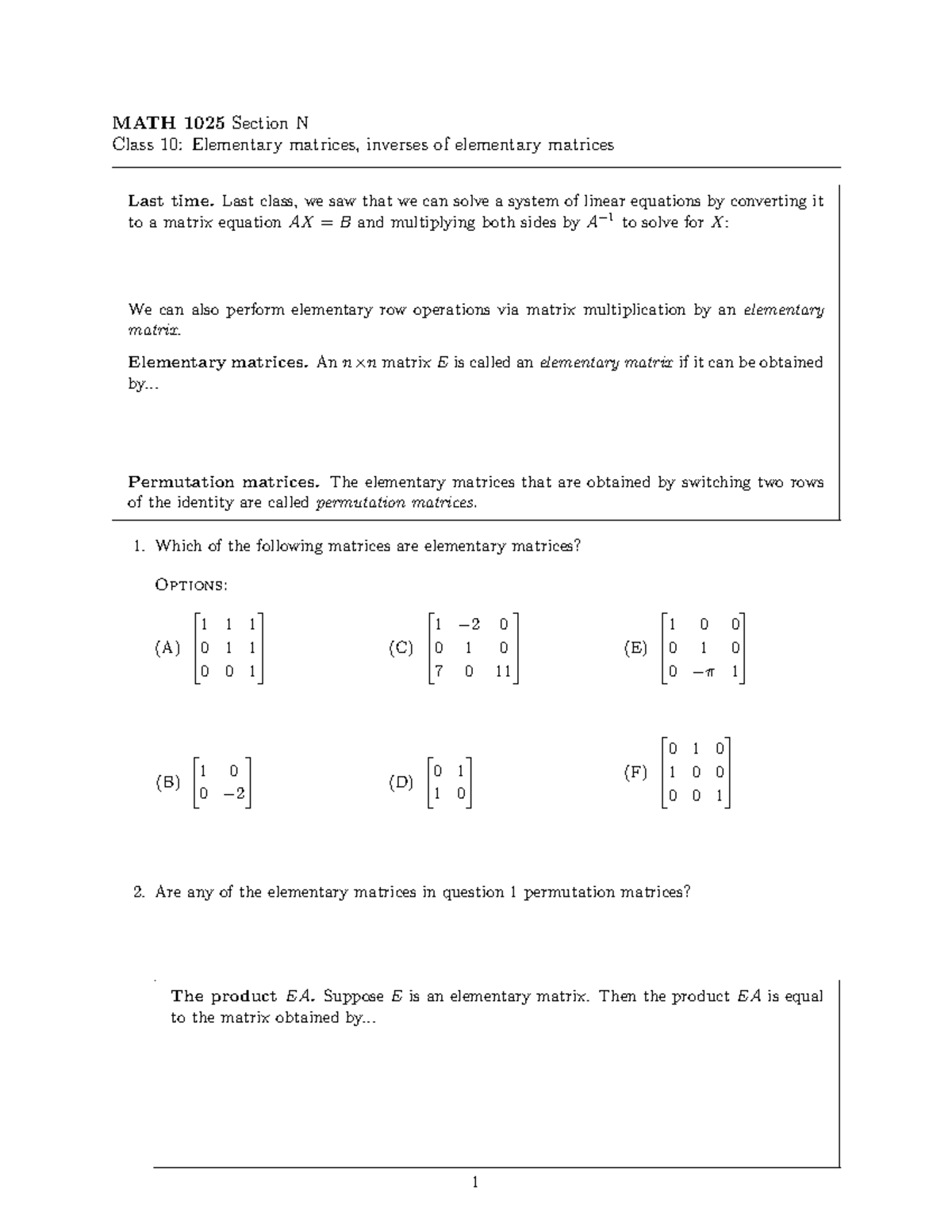 Class 10 Notes - MATH 1025 Section N Class 10: Elementary matrices ...