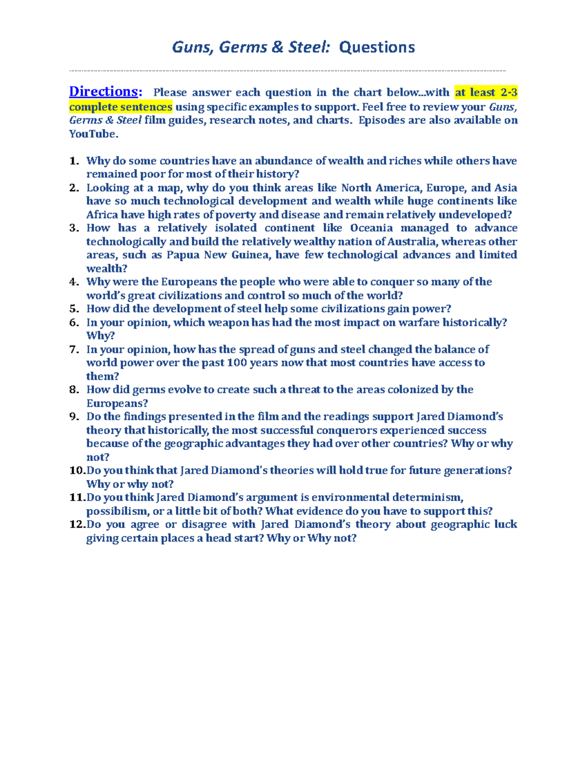 Copy of GGS Questions - yurrr - Guns, Germs & Steel: Questions ...