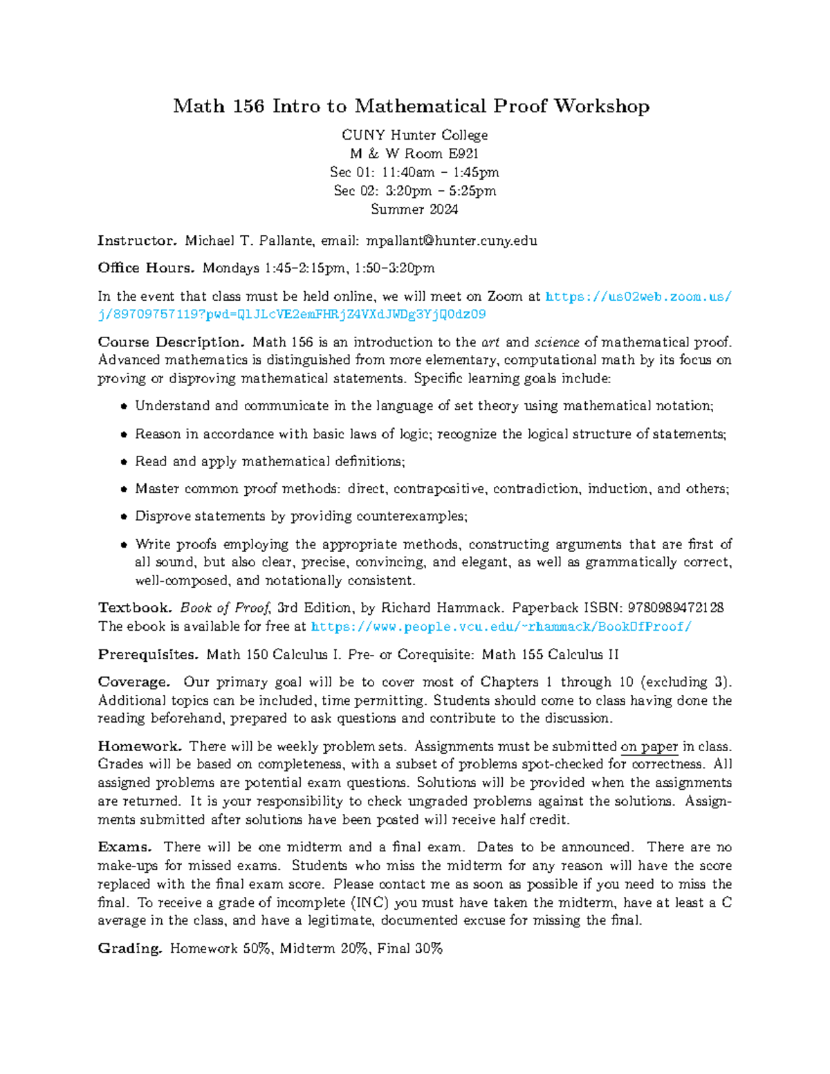 156 Syllabus - Math 156 Intro to Mathematical Proof Workshop CUNY ...