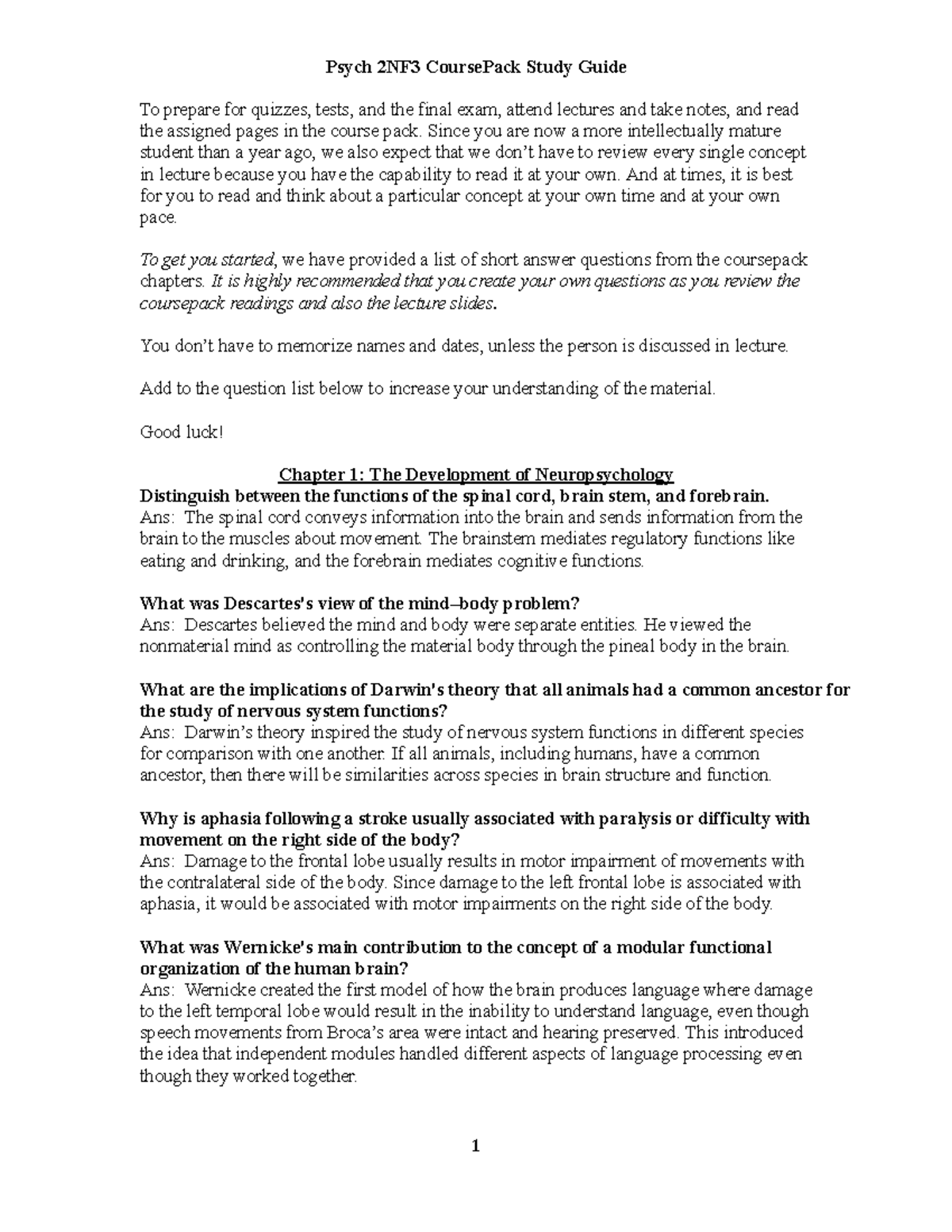 Psych 2NF3 Course Pack Study Guide - Psych 2NF3 CoursePack Study Guide To prepare for quizzes ...