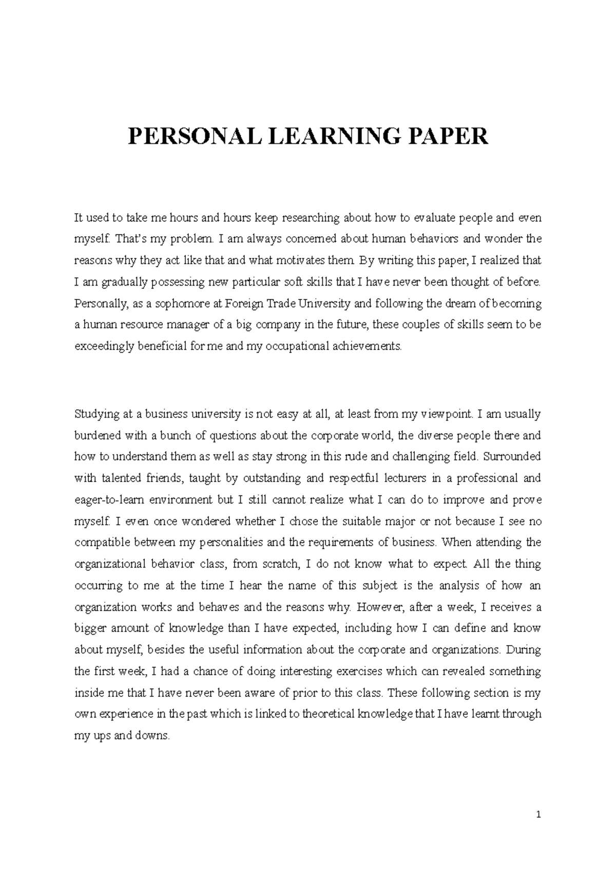 Personal Learning Paper - PERSONAL LEARNING PAPER It used to take me ...