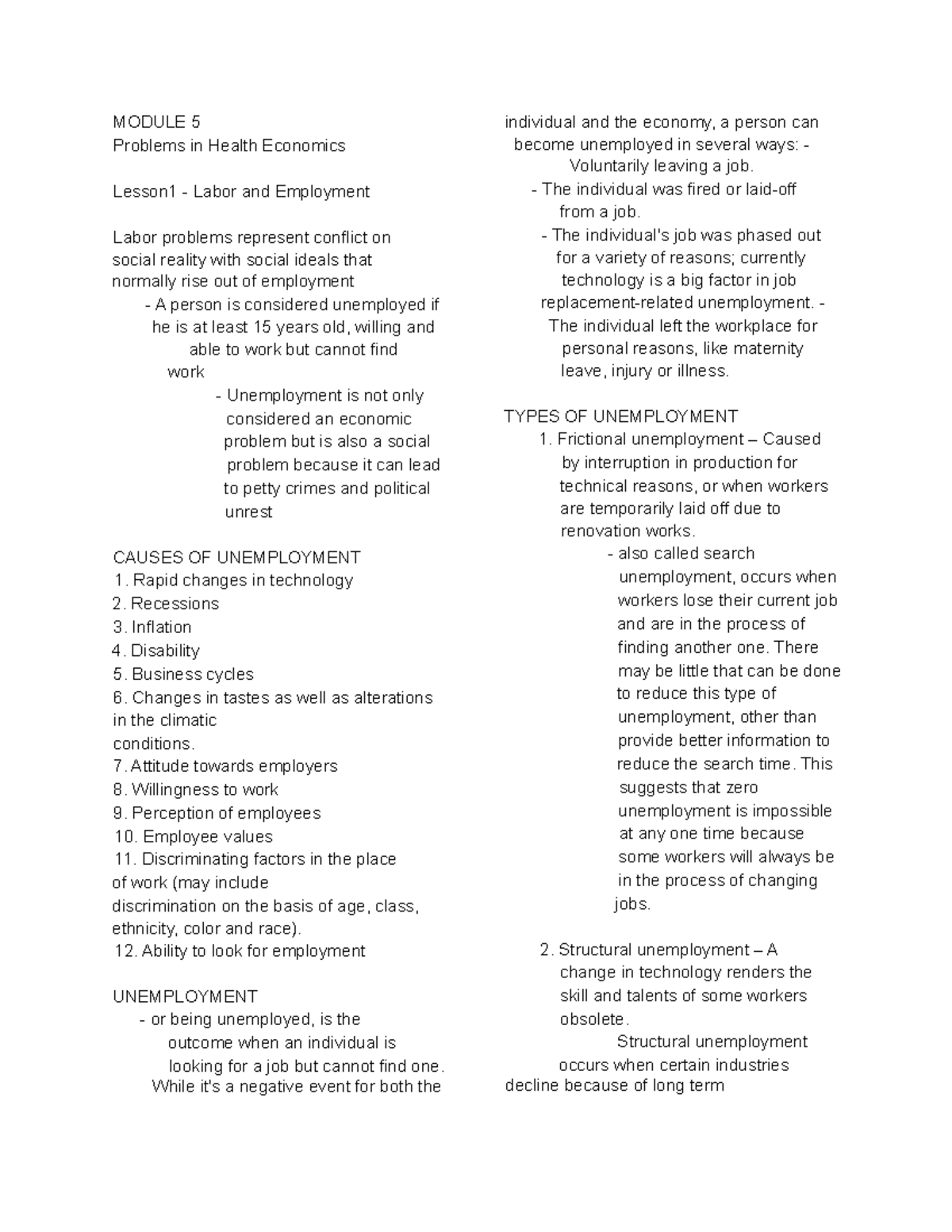 ECON Module 5 - Lecture notes 1-9 - MODULE 5 Problems in Health ...
