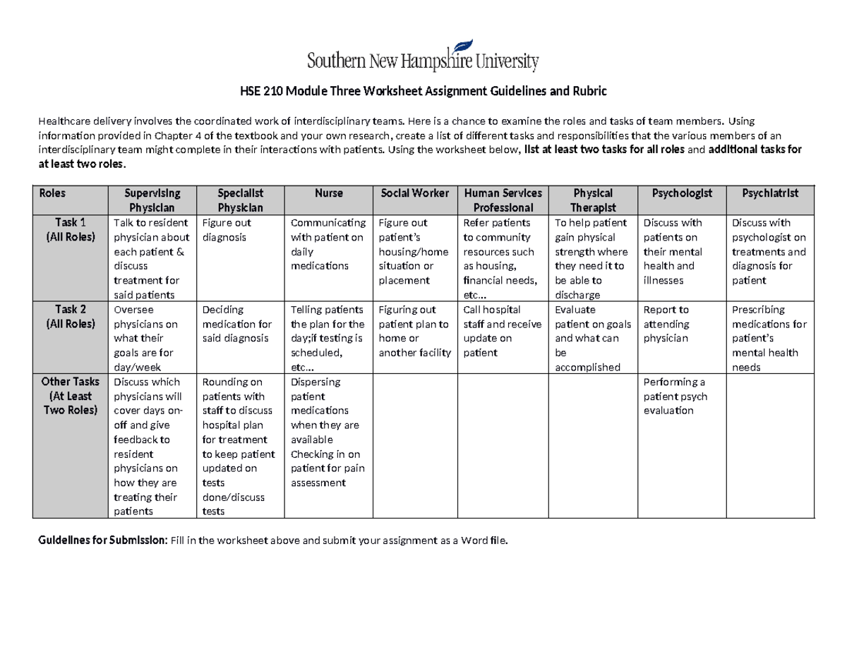 HSE 210 Module Three Worksheet Assignment - Here is a chance to examine ...