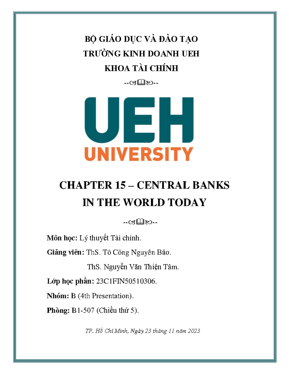 Chapter-15 - lý thuyết tài chính - BỘ GIÁO DỤC VÀ ĐÀO TẠO TRƯỜNG KINH DOANH UEH KHOA TÀI CHÍNH ...