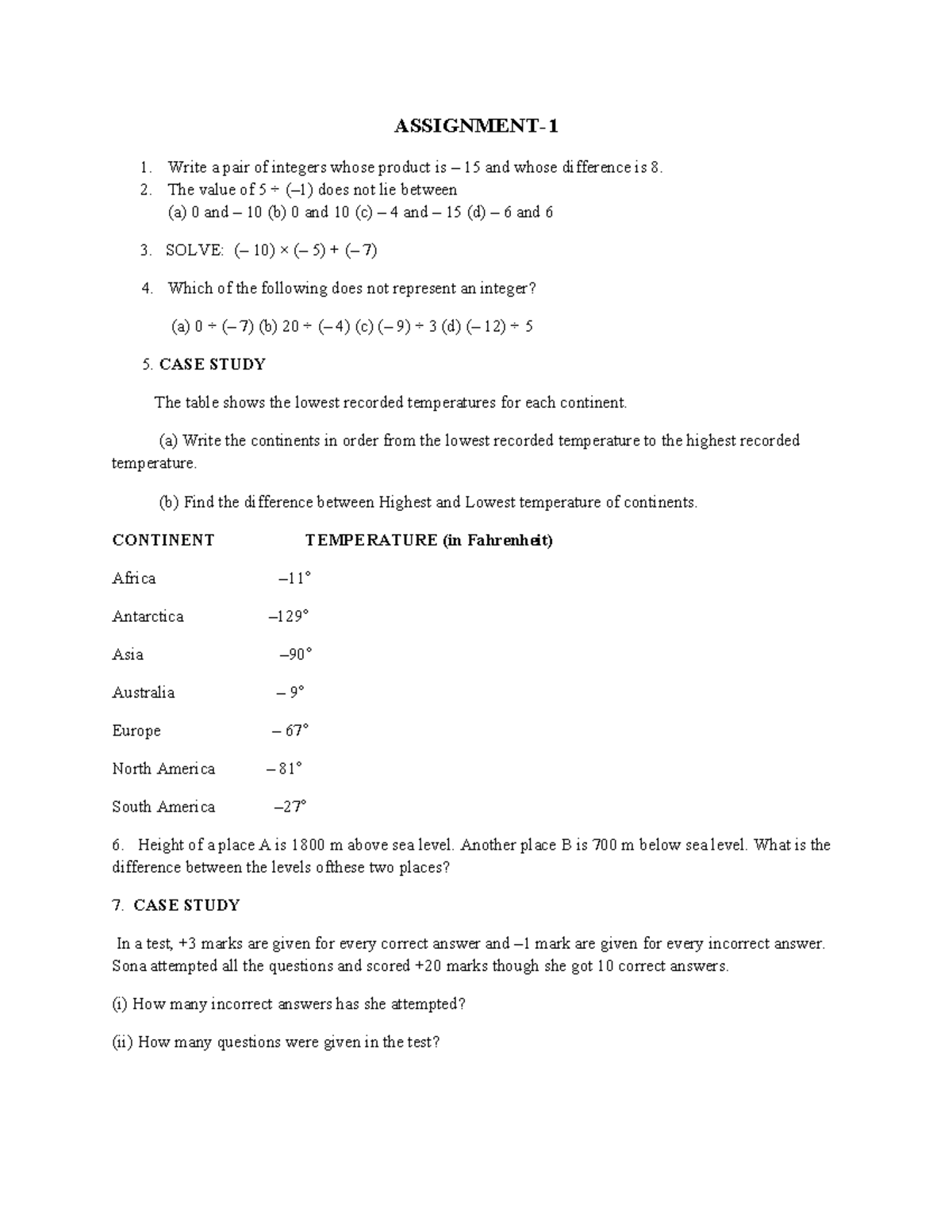 Assignment 1 Class 7 maths - ASSIGNMENT- 1. Write a pair of integers ...