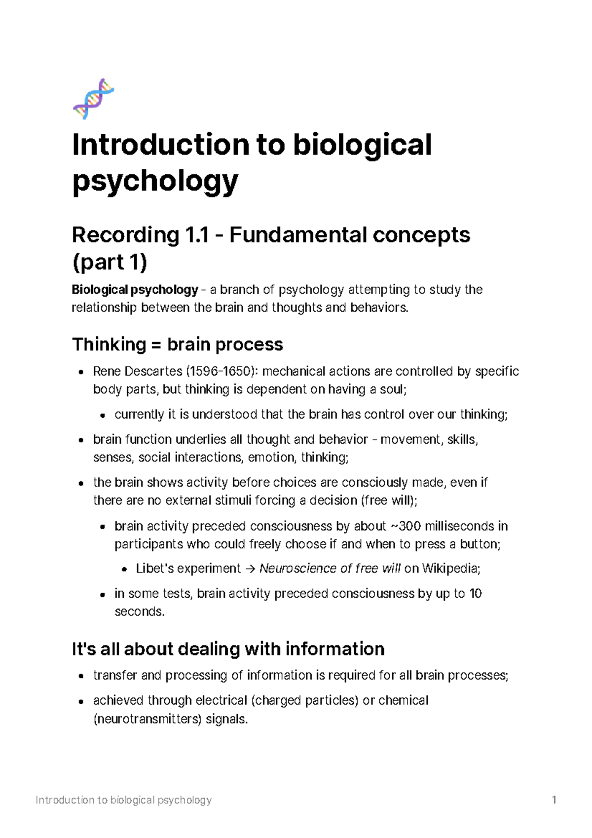 Lectures 1-10 Biological Psychology - Introduction to biological ...