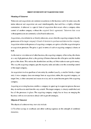 Brief Overview OF Takeover CODE - BRIEF OVERVIEW OF TAKEOVER CODE ...