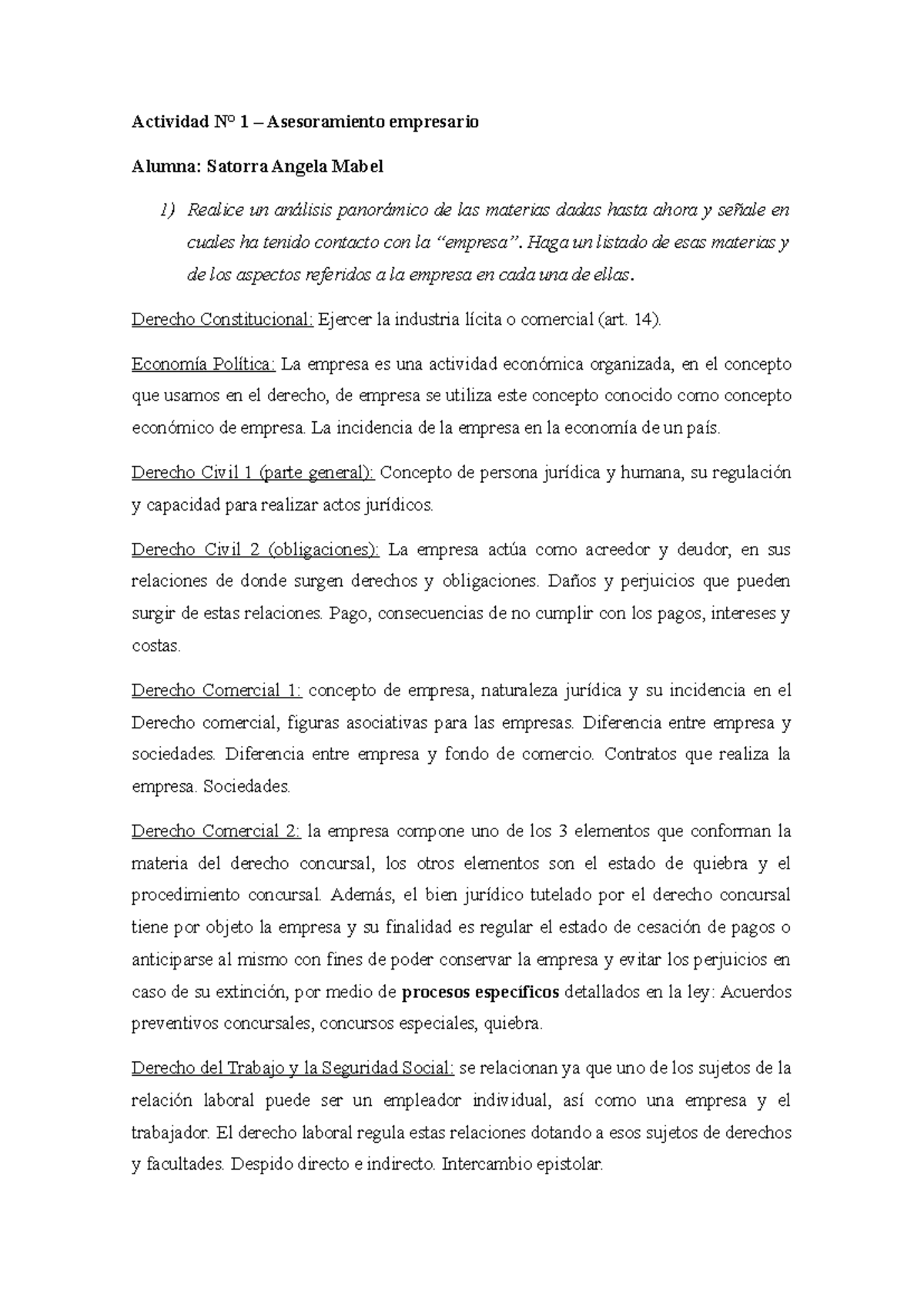 Actividad 1 empresarial - Actividad N° 1 – Asesoramiento empresario ...