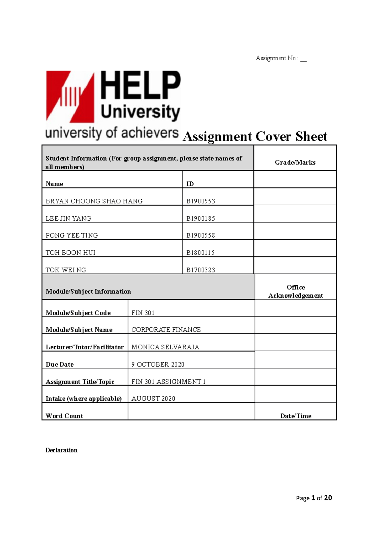 Fin 301 Assignment - Best - Assignment No.: __ Assignment Cover Sheet ...