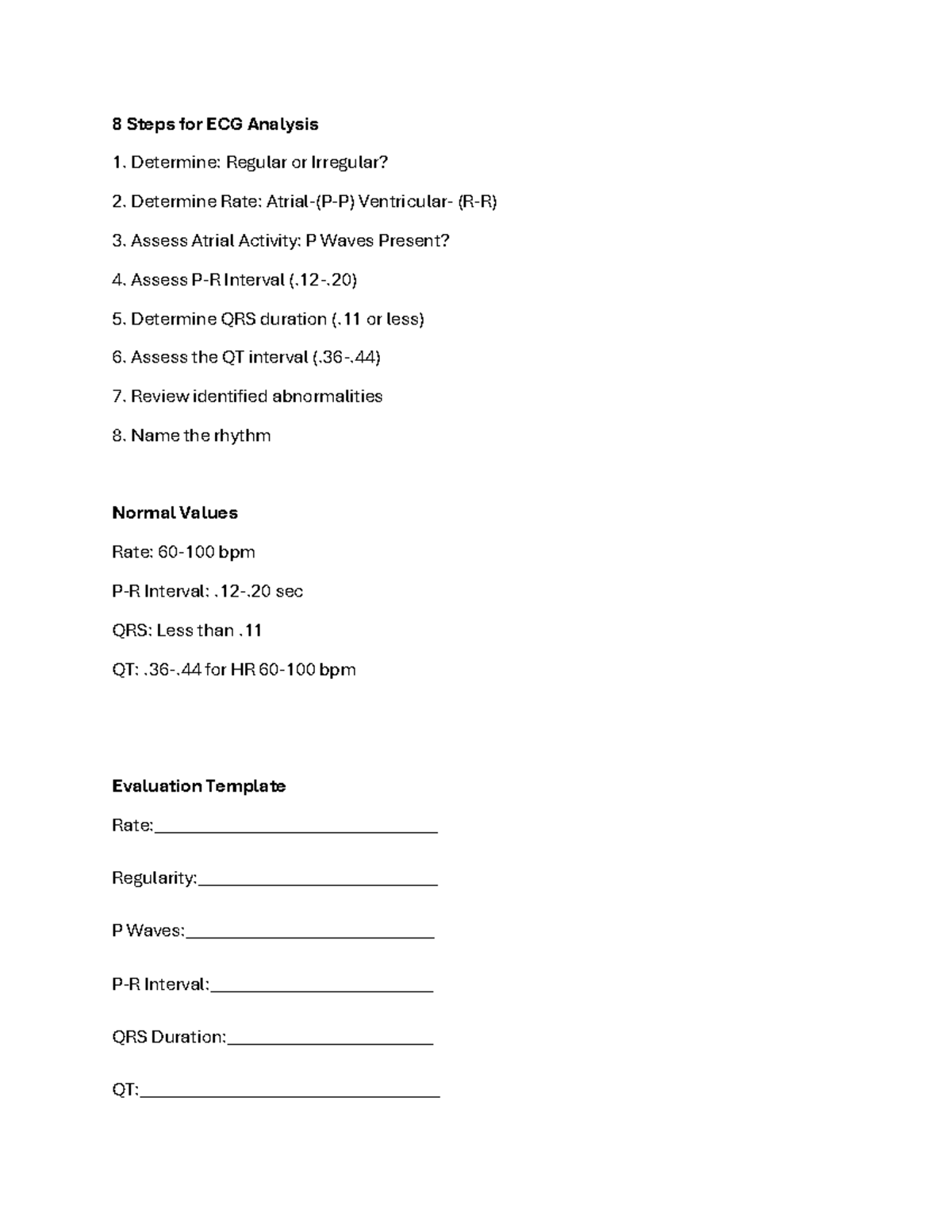 ECG Template - 8 Steps for ECG Analysis Determine: Regular or Irregular ...