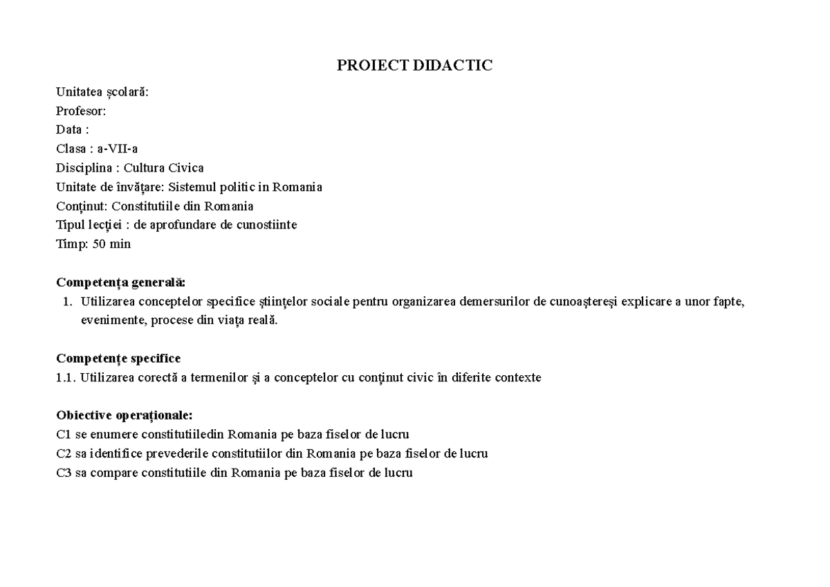 Clasa a vii a cciv 2 sist pol in rom - PROIECT DIDACTIC Unitatea școlară: Profesor: Data : Clasa ...