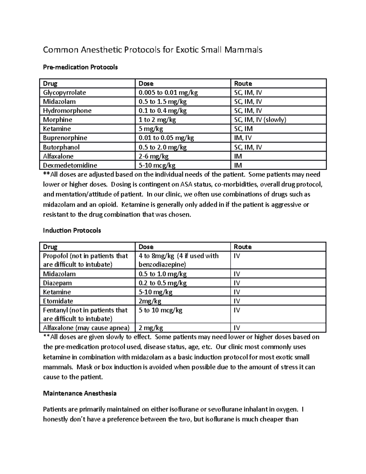 Common Anesthetic Protocols for Exotic Small Mammals - Common ...