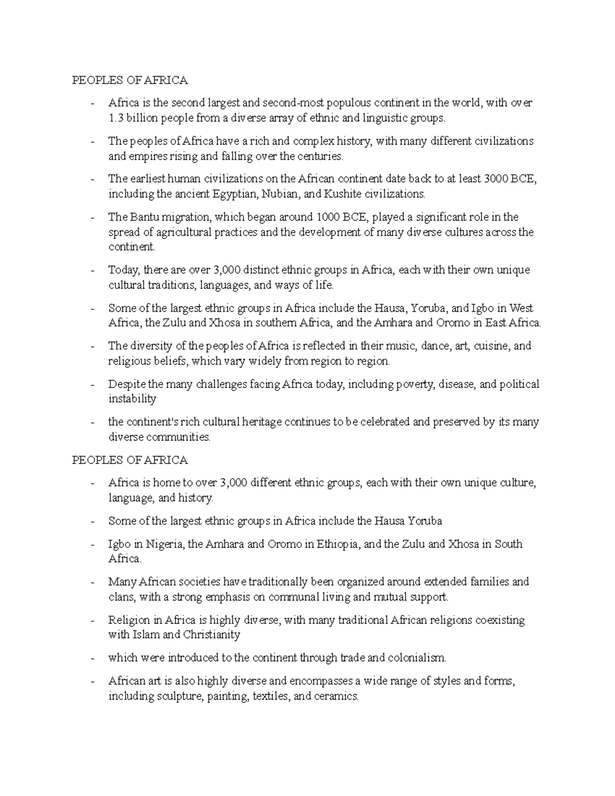 Peoples OF Africa Notes 1 - PEOPLES OF AFRICA Africa is the second ...