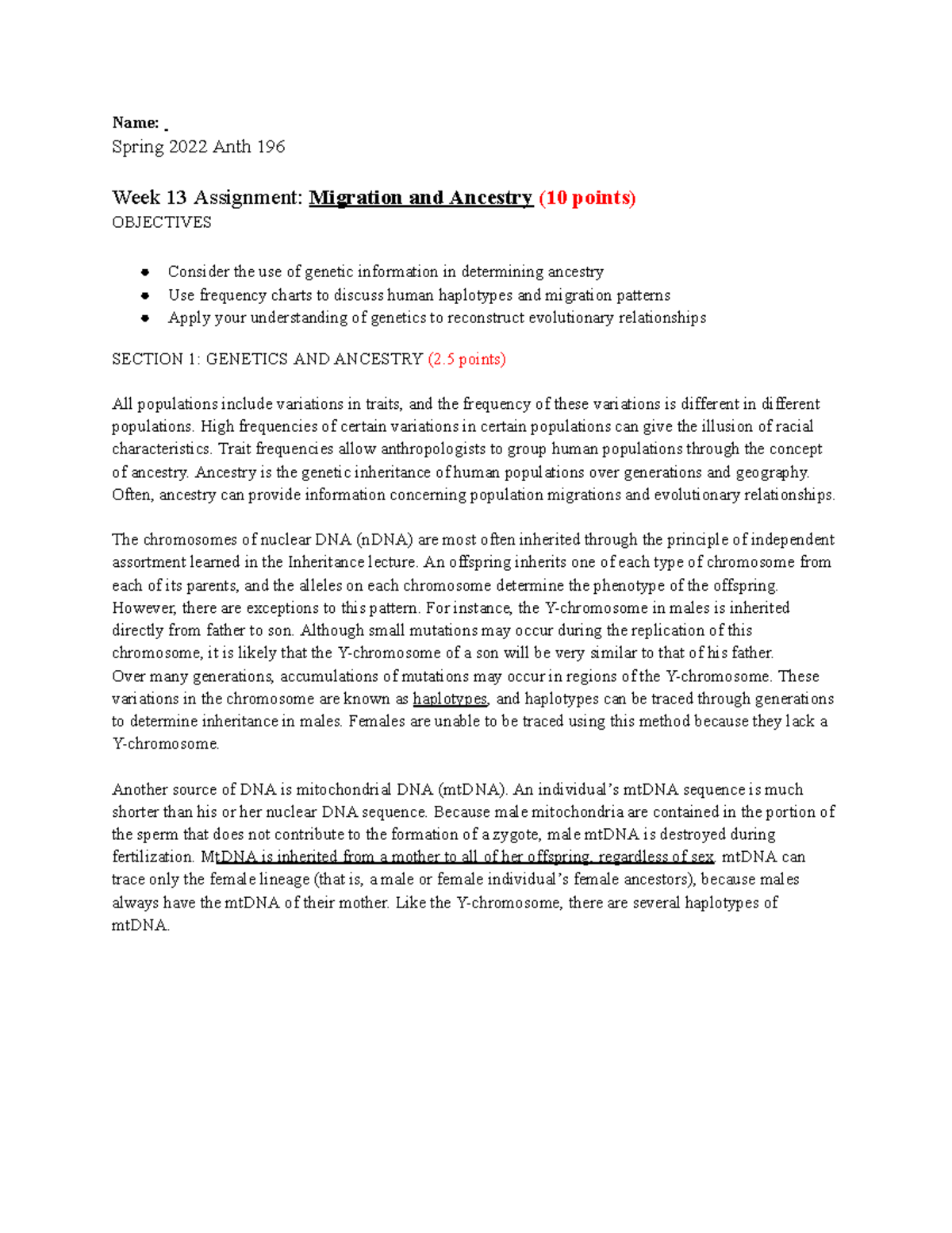 ANTH 13 - Week 13 Assignment: Migration and Ancestry (10 points) OBJECTIVES - Name: Spring 2022 ...