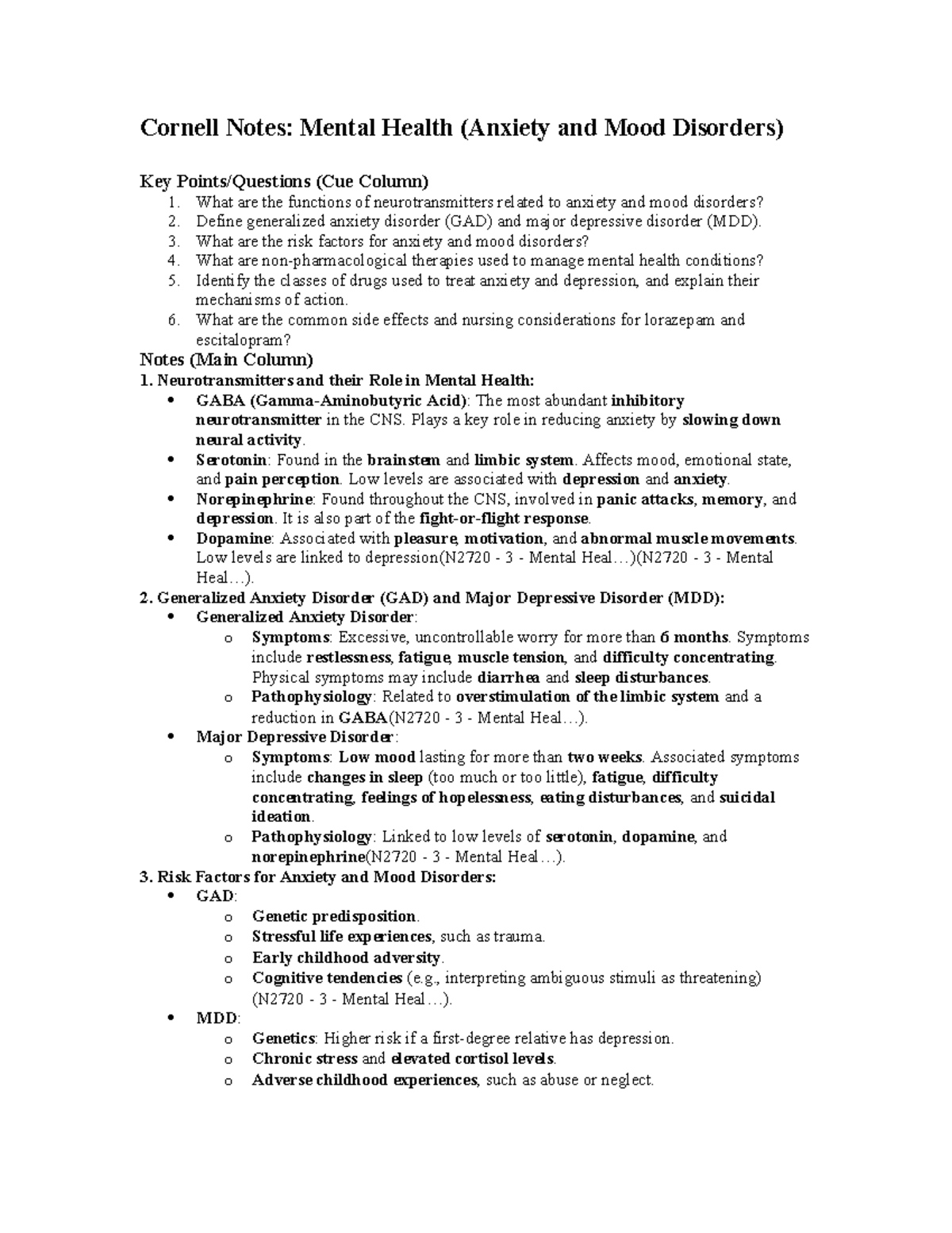 Cornell notes - Mental Health (Anxiety and Mood Disorders) - Cornell ...
