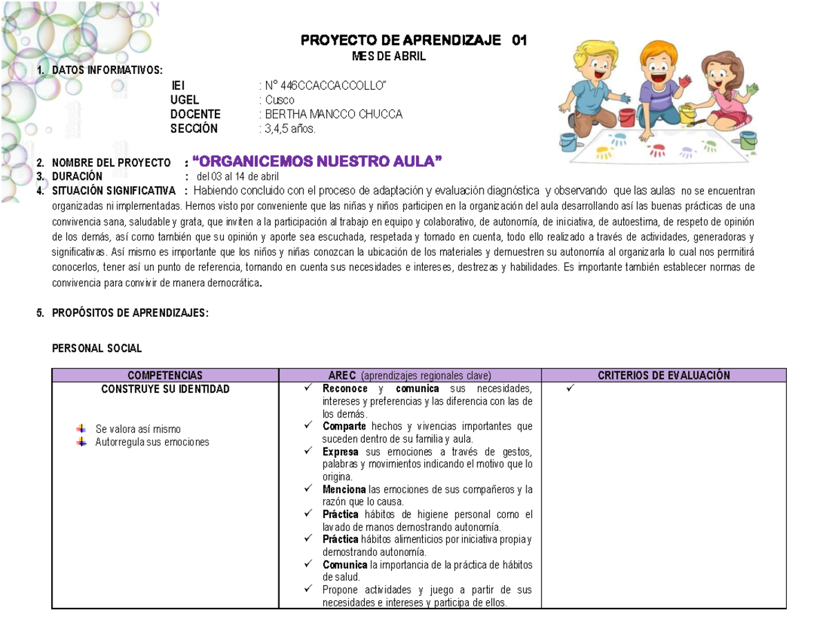 Proyecto DE Aprendizaje Abril - PROYECTO DE APRENDIZAJE 01 MES DE ABRIL 1. DATOS INFORMATIVOS ...
