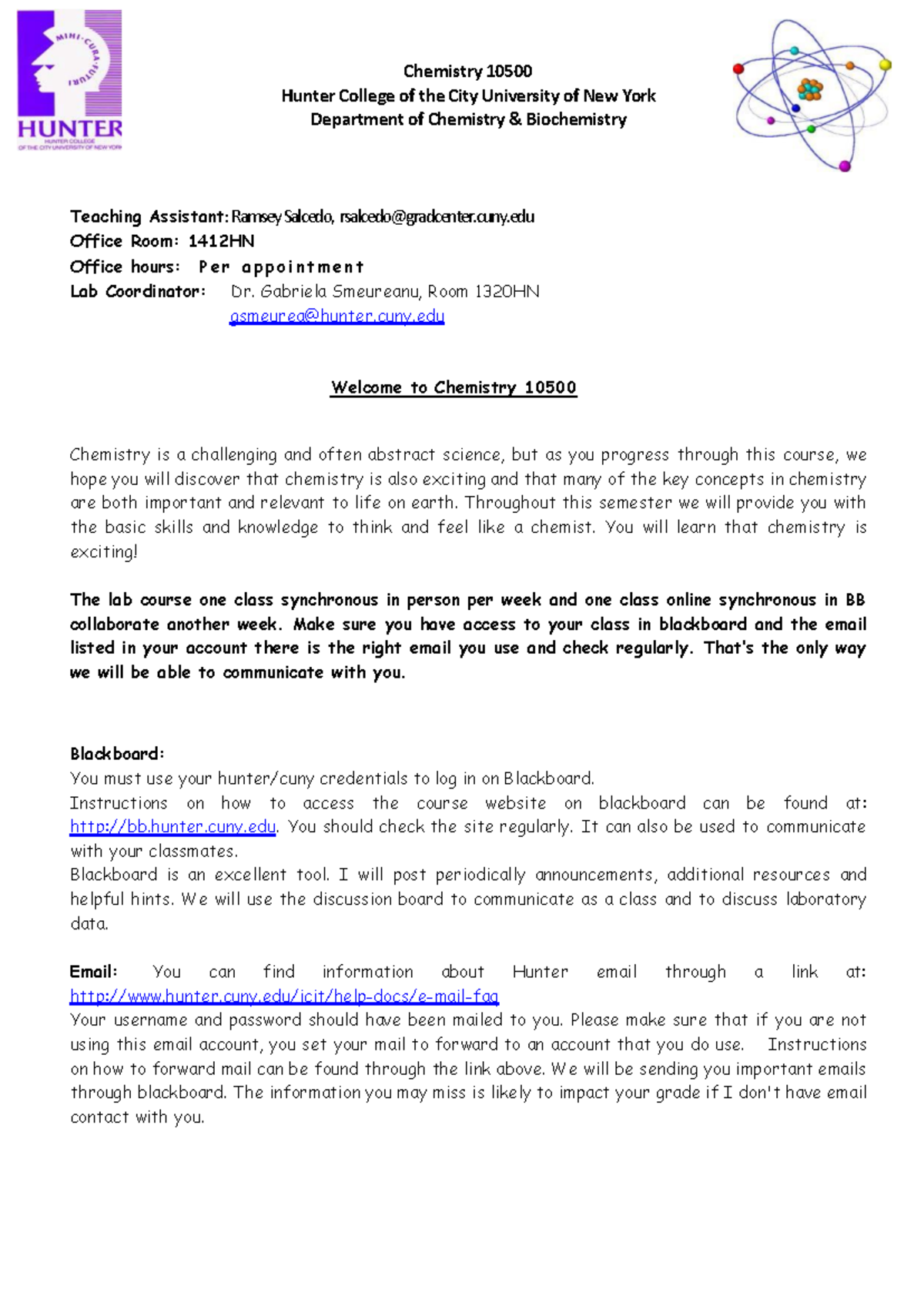 Syllabus Chem 105 - Chemistry 10500 Hunter College of the City University of New York Department ...
