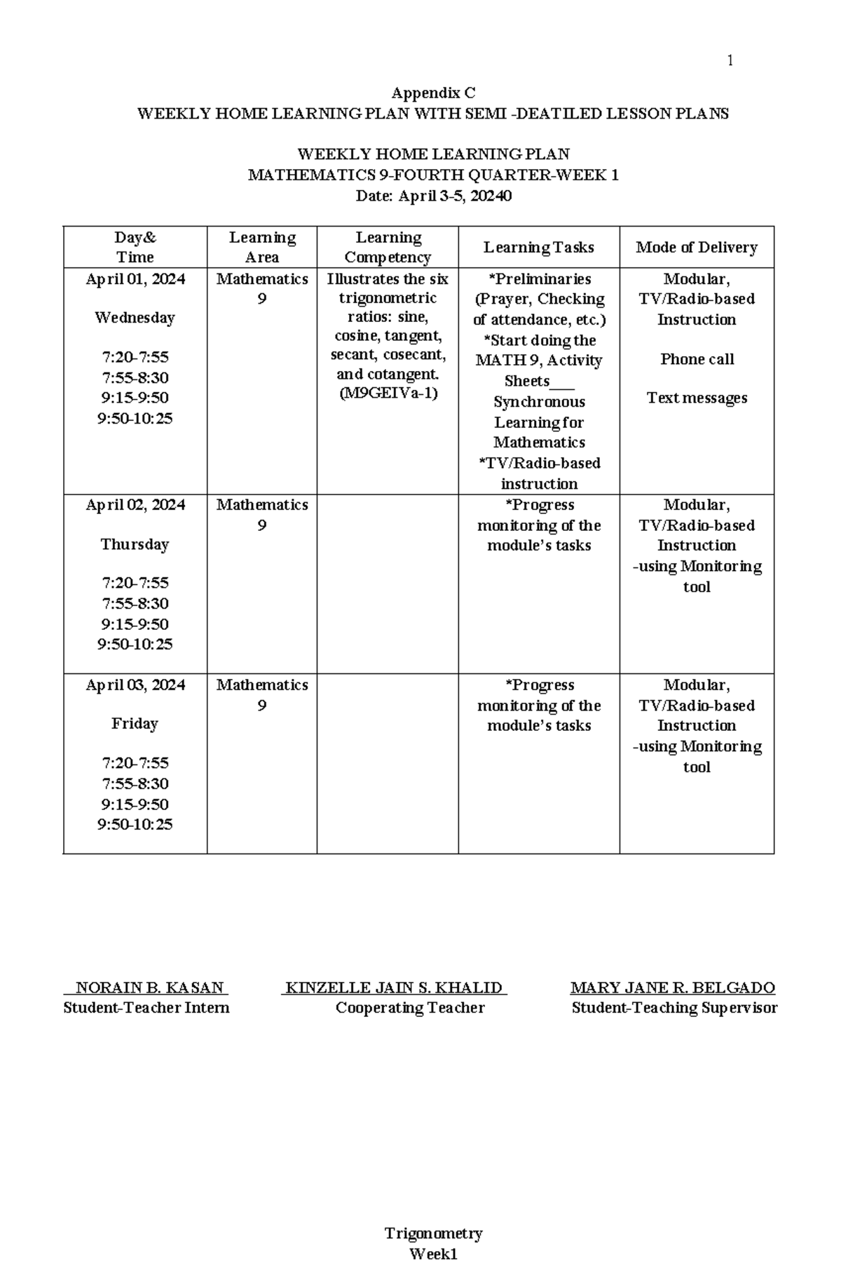 Q4-LP W1-W4 Trigonometry - Appendix C WEEKLY HOME LEARNING PLAN WITH ...