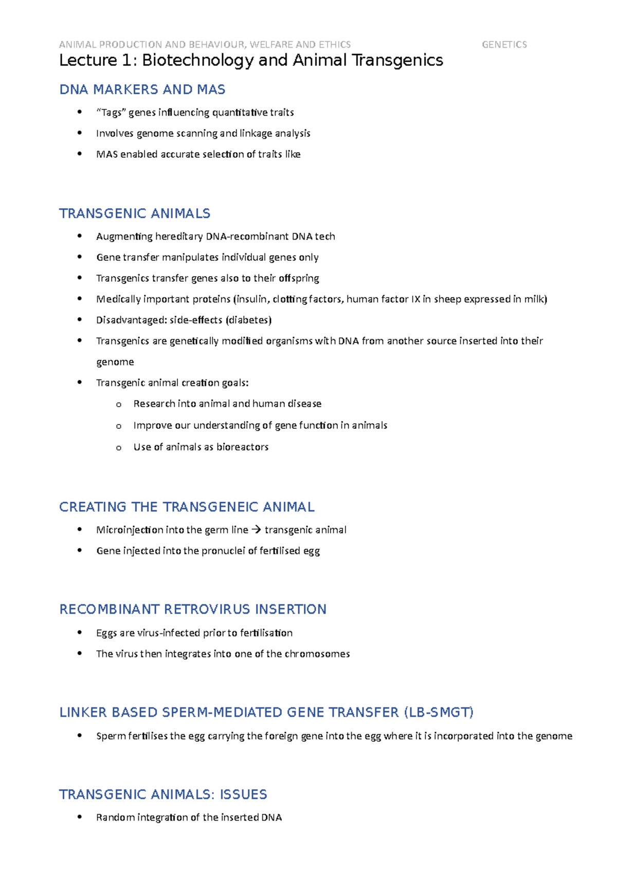 Genetics Lecture Notes - Lecture 1: Biotechnology and Animal ...