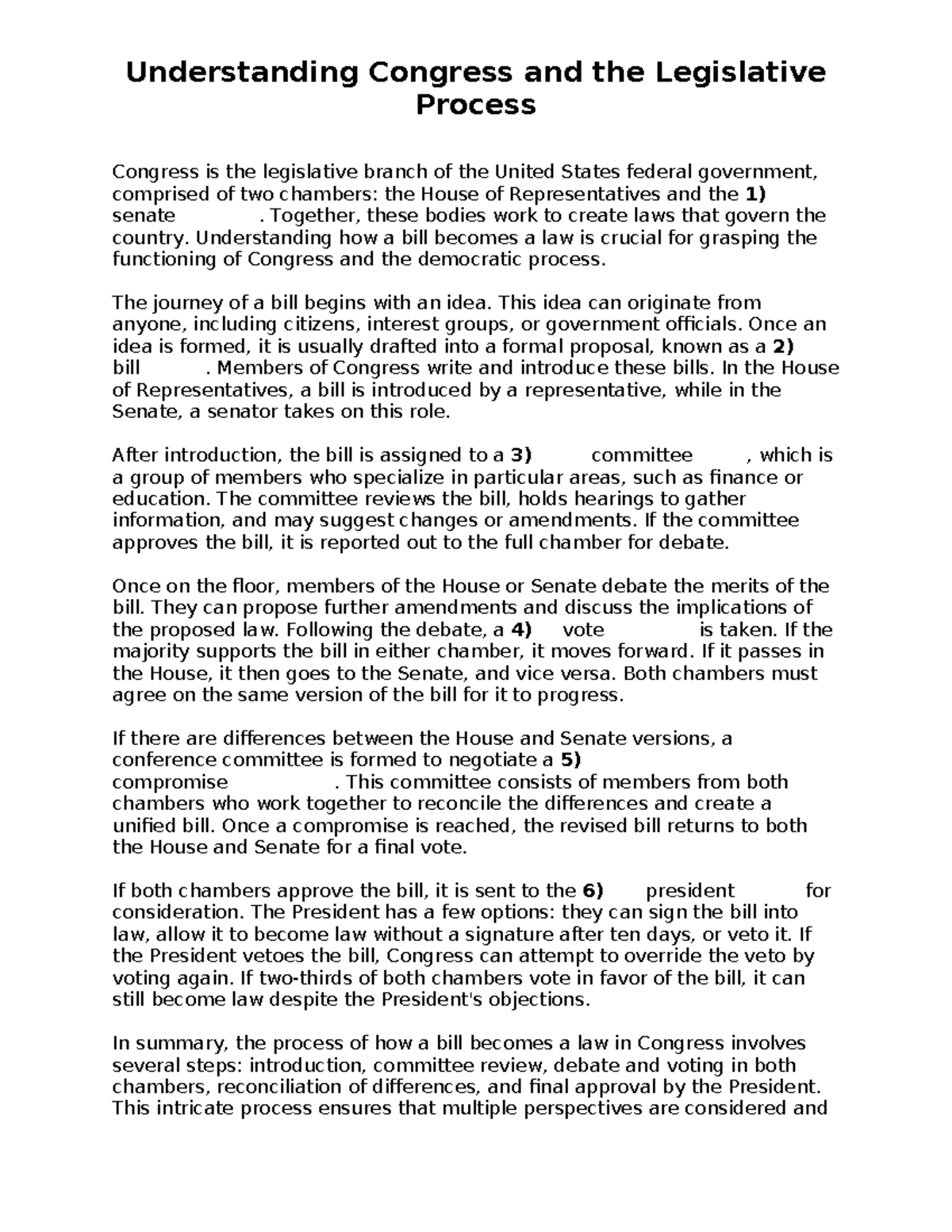 Unit 2 Bill packet - Process Congress is the legislative branch of the ...