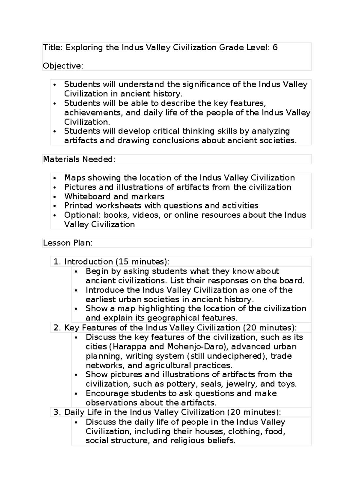 Lesson Plan on Indus valleycivilisation - Title: Exploring the Indus ...