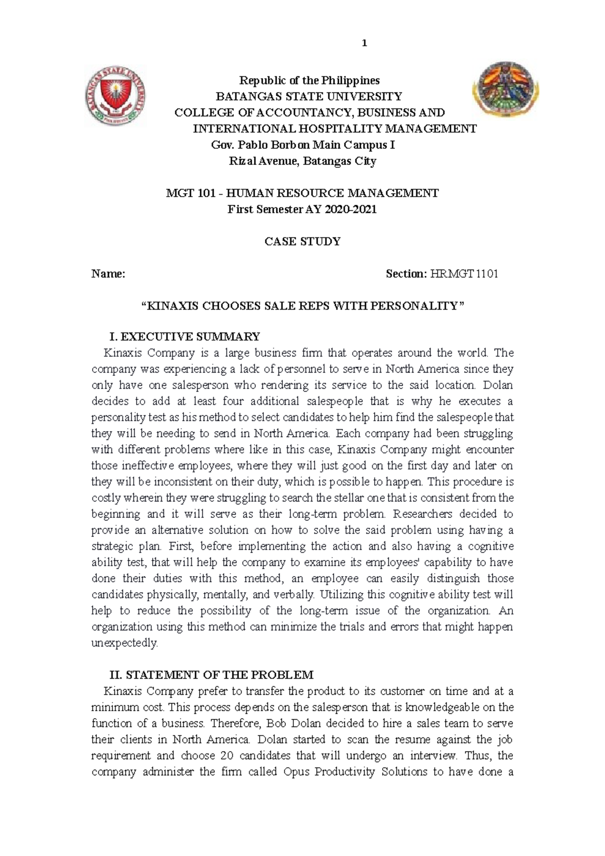 MGT-CASE- Study - Republic of the Philippines BATANGAS STATE UNIVERSITY ...