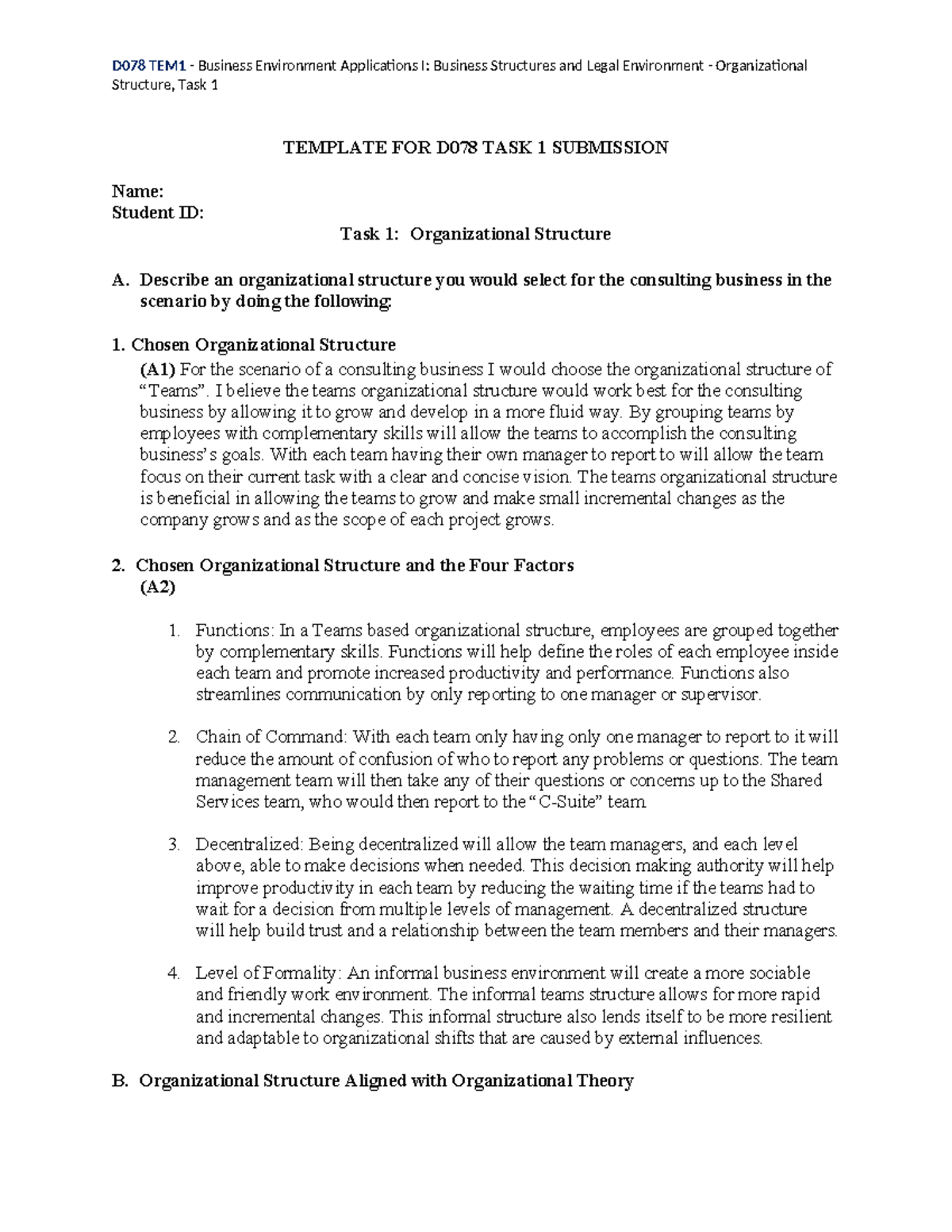 D078 Task 1 - task 1, passed first attempt - D078 TEM1 - Business ...