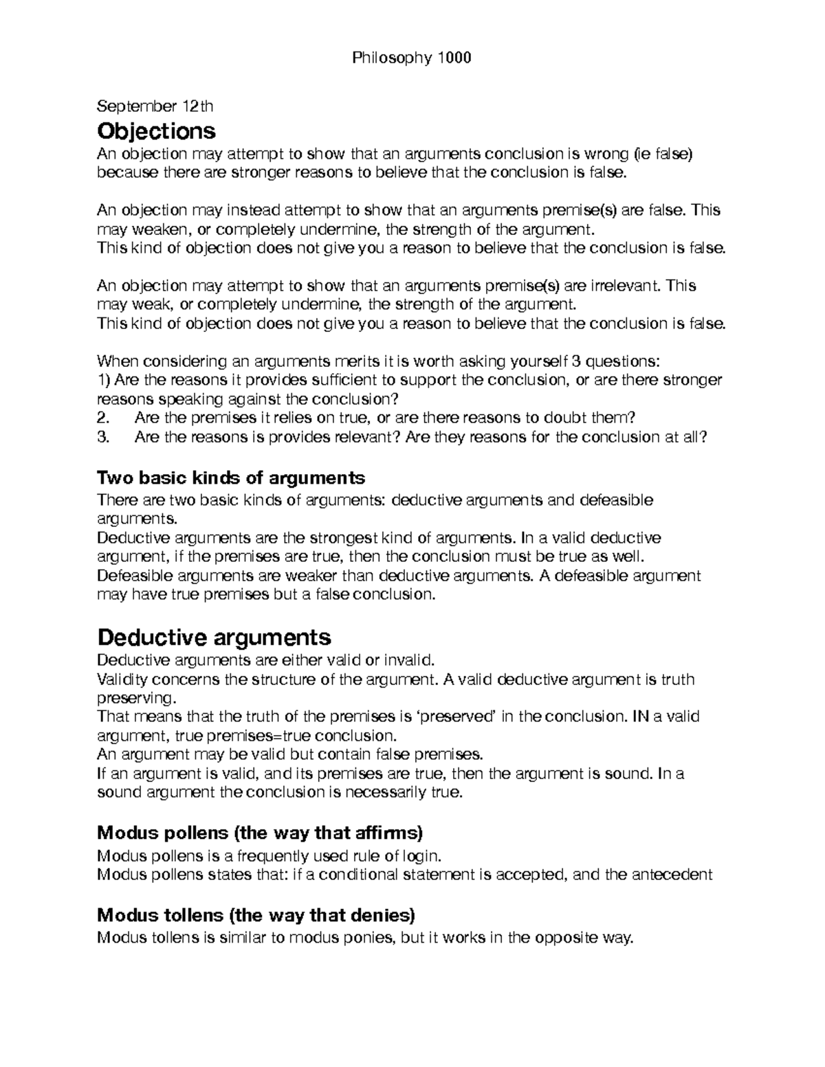 Philosophy 1000 - Lecture notes 1-12 - September 12th Objections An ...