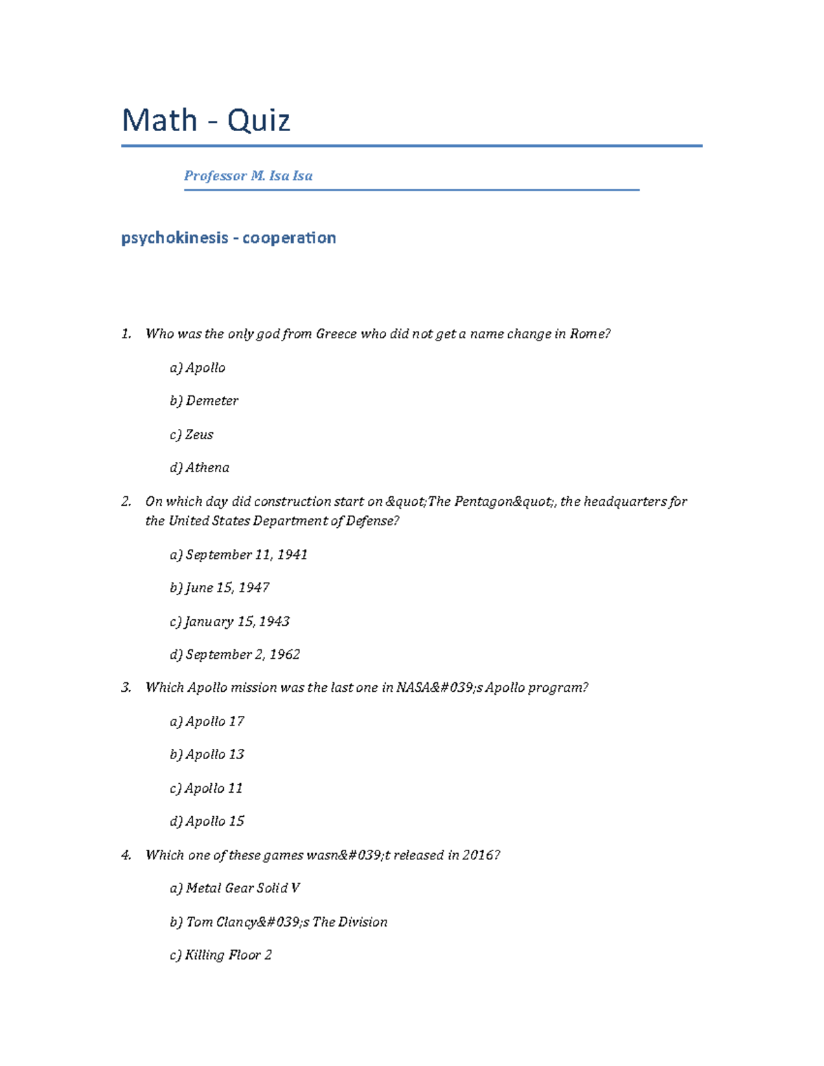 Anthropology Project - Winter Semester 1994 - Math - Quiz Professor M ...