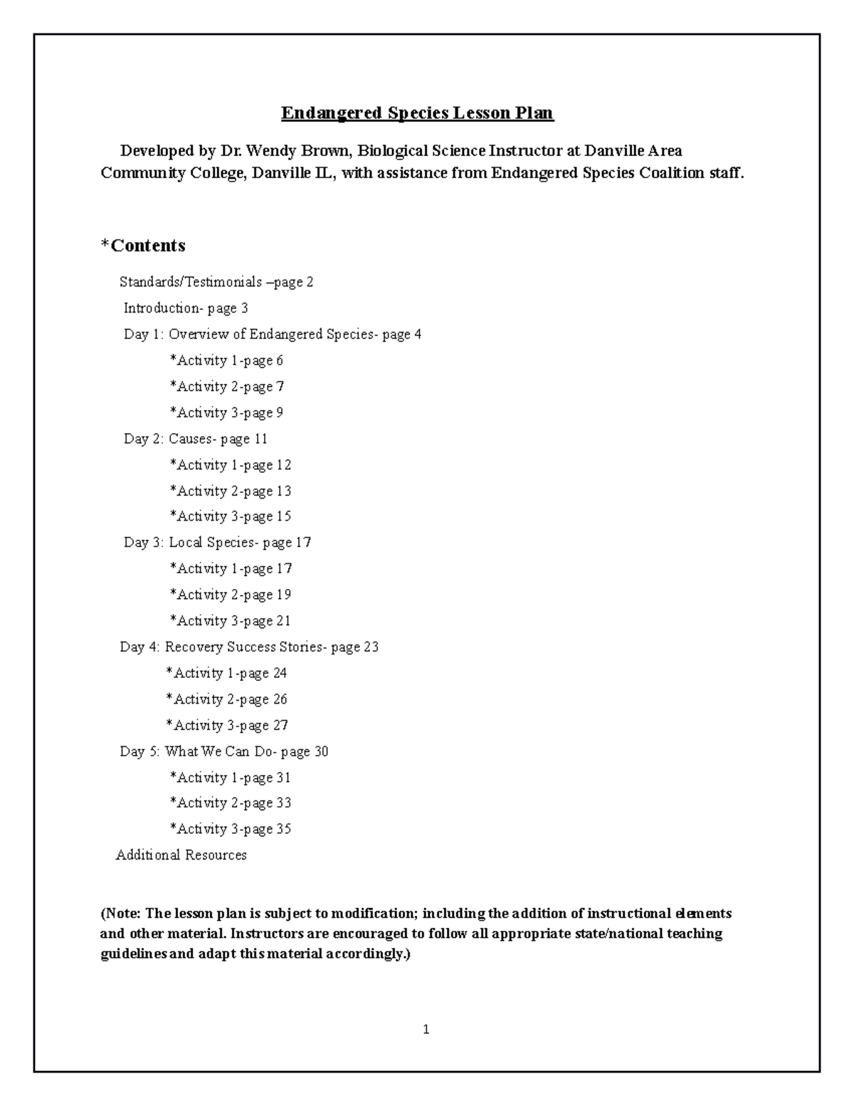 ES Day Lesson Plan - Endangered Species Lesson Plan Developed by Dr ...